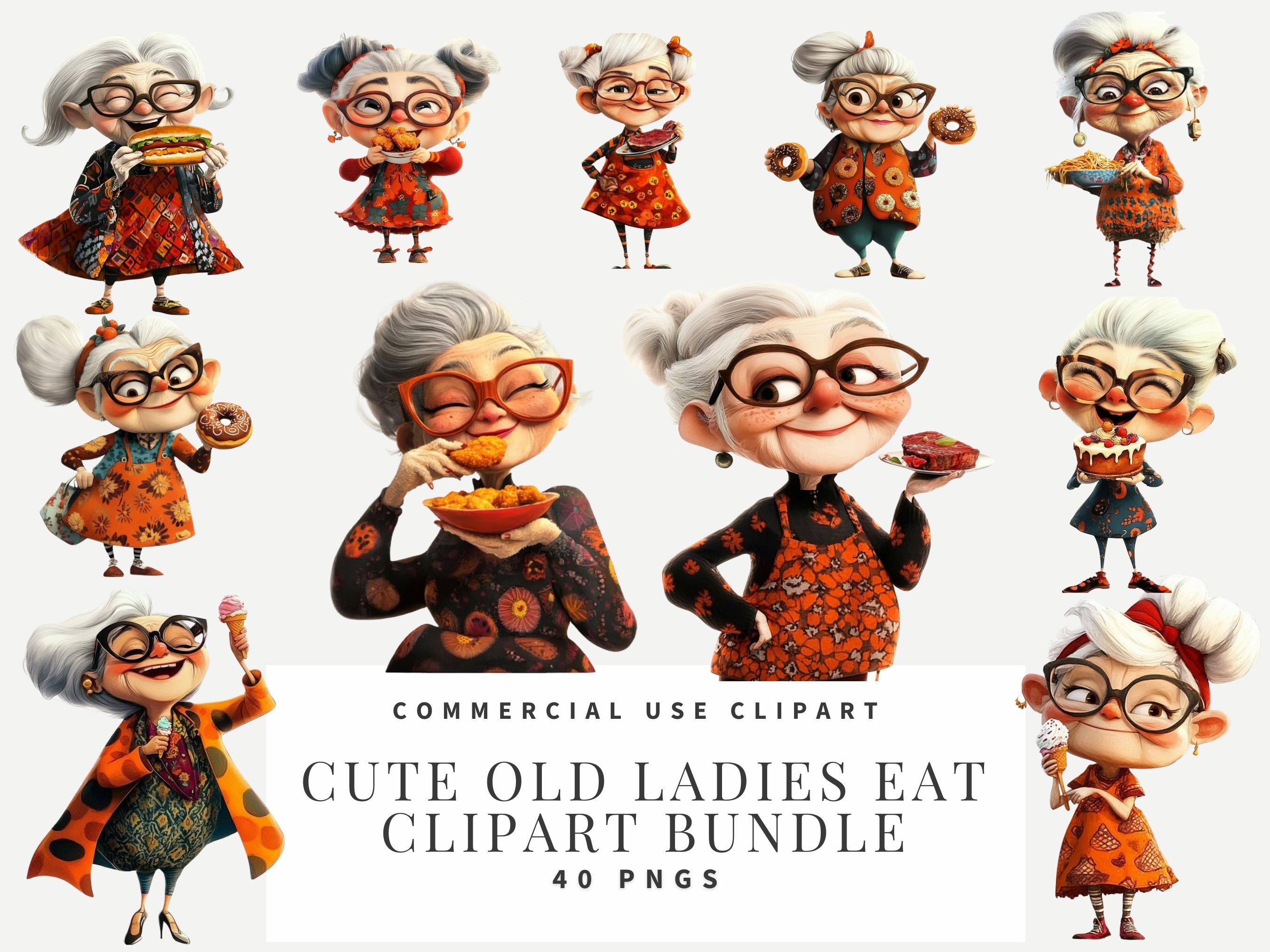 Png Watercolor Cute Old Ladies Food Lovers Eat Clipart Bundle Instant ...