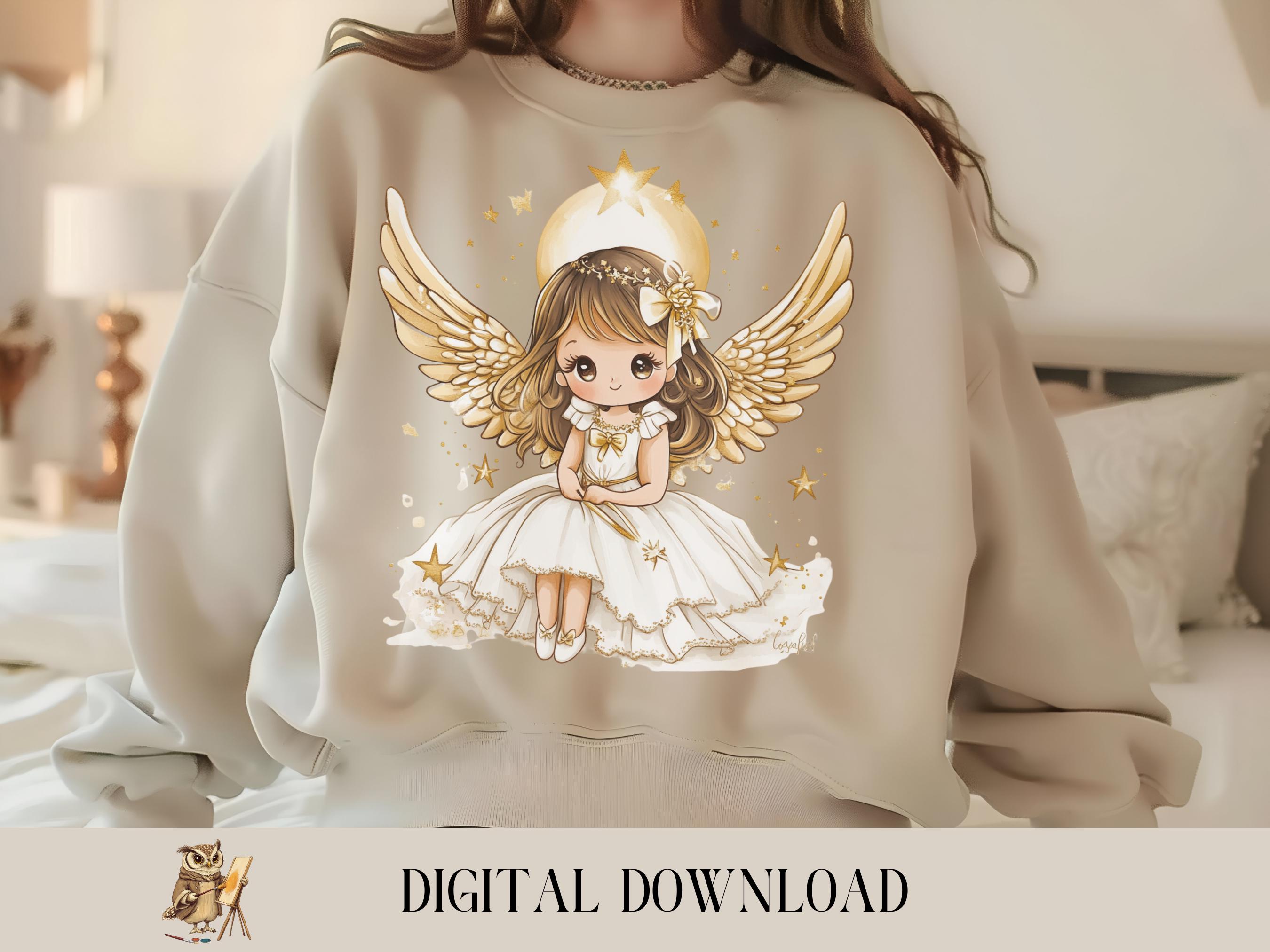 15 Kawaii Christmas White and Gold Angels Watercolor Clipart Bundle ...