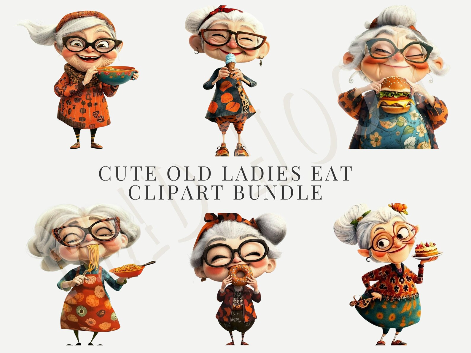 Png Watercolor Cute Old Ladies Food Lovers Eat Clipart Bundle Instant ...