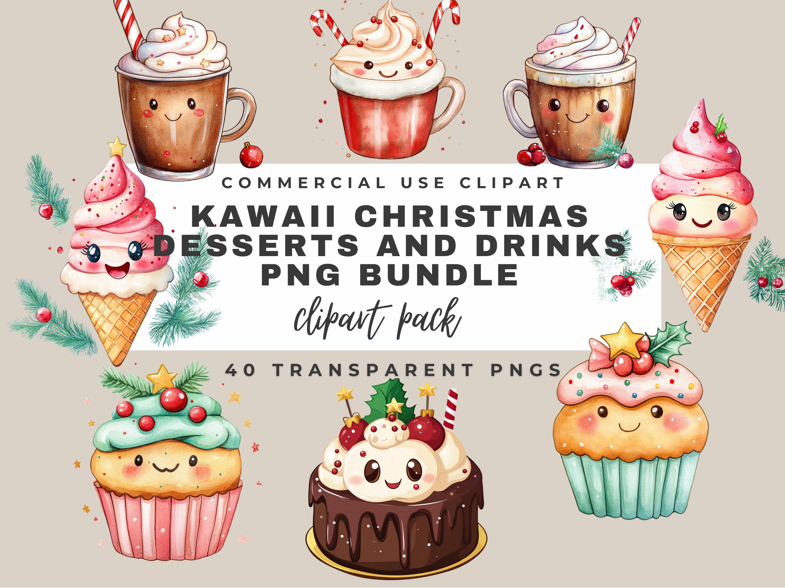 40 Kawaii Christmas Desserts and Drinks Clipart Bundle, Kawaii Cakes ...