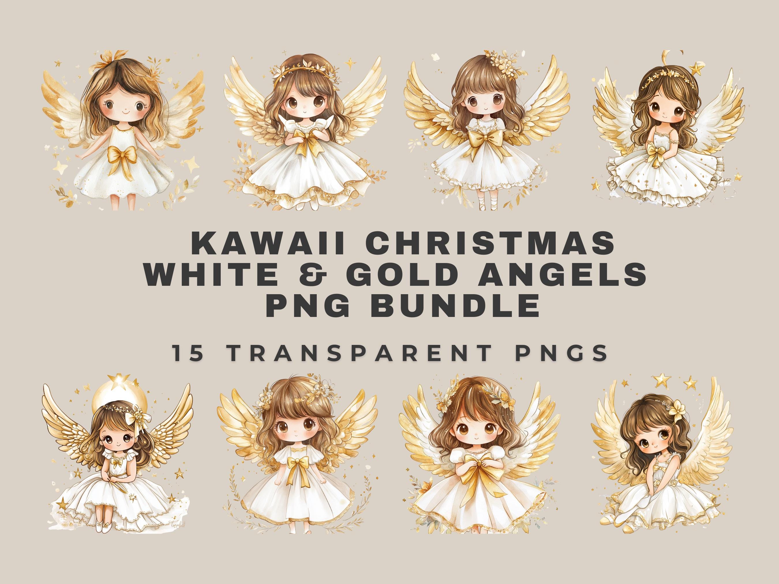 15 Kawaii Christmas White and Gold Angels Watercolor Clipart Bundle ...