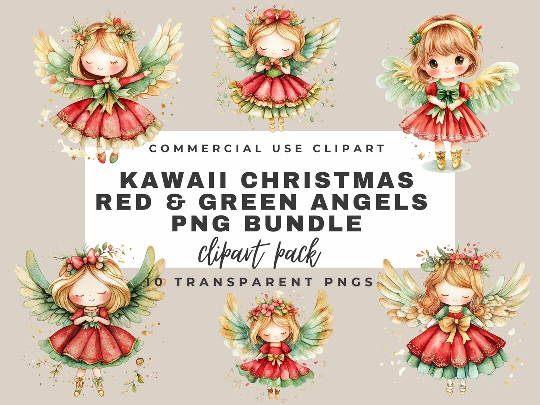 10 Kawaii Christmas Red and Green Angels Watercolor Clipart Bundle ...
