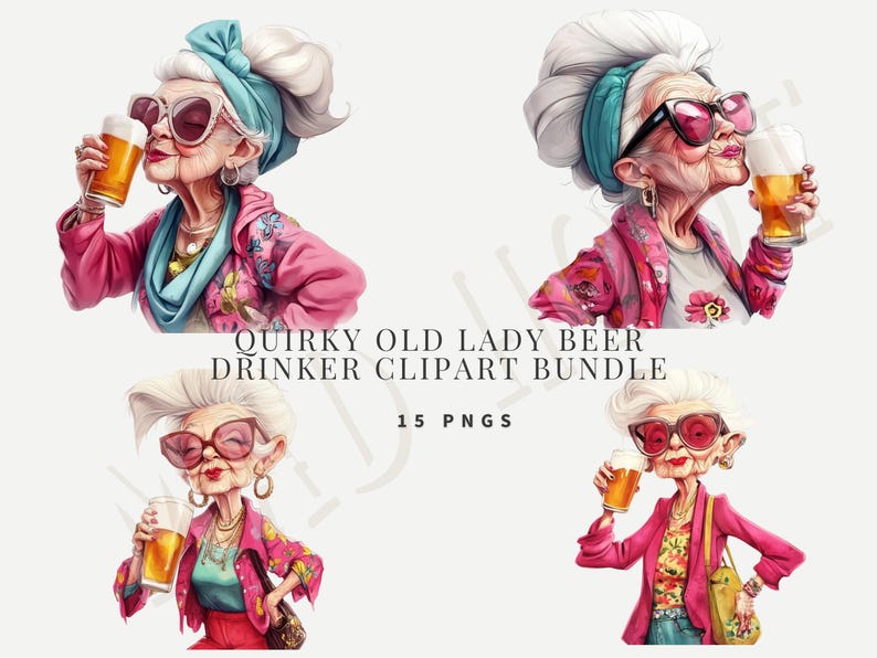 Png Watercolor Quirky Funny Old Ladies Beer Drinkers Clipart Bundle ...