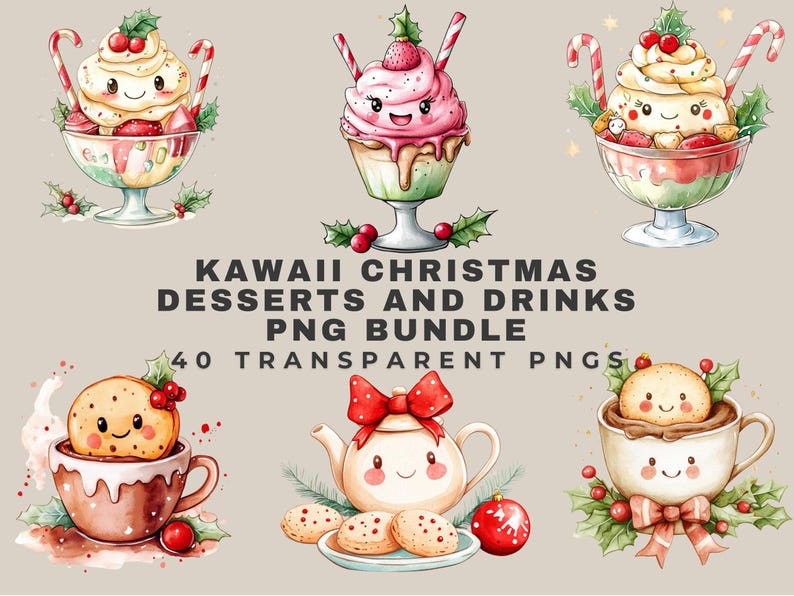 40 Kawaii Christmas Desserts and Drinks Clipart Bundle, Kawaii Cakes ...