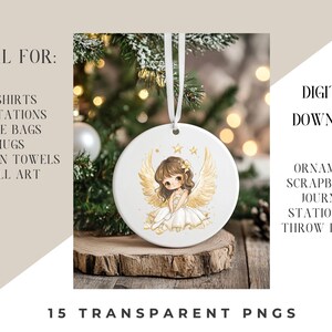 15 Kawaii Christmas White and Gold Angels Watercolor Clipart Bundle ...
