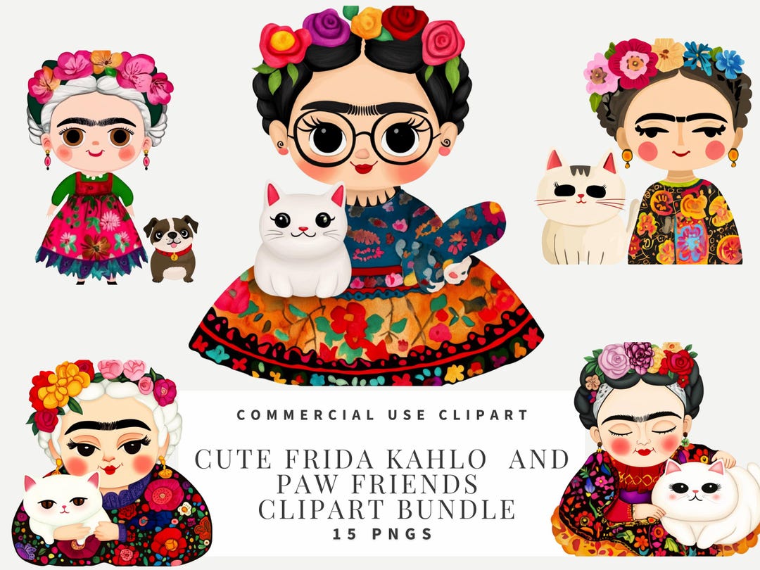 Png Frida Kahlo With Paw Friends Clipart Whimsical Cartoon Style ...