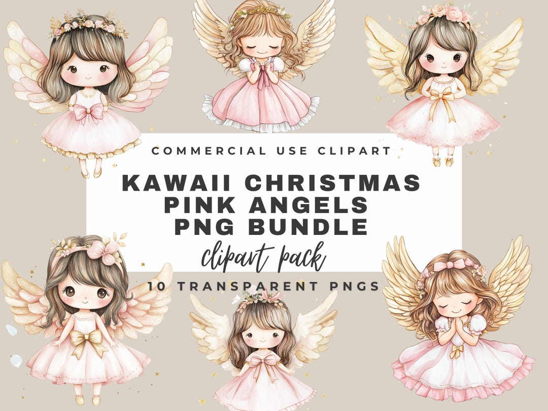 10 Kawaii Christmas Pink Angels Watercolor Clipart Bundle, Cute Angels ...