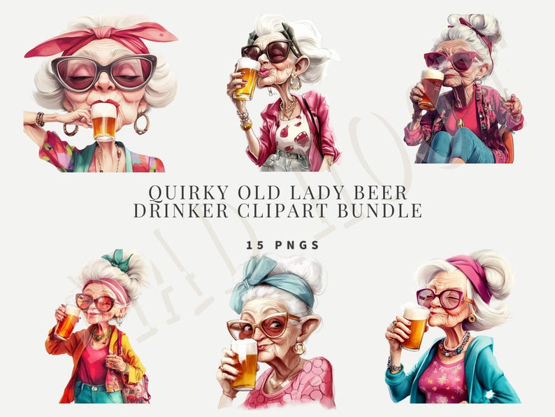 Png Watercolor Quirky Funny Old Ladies Beer Drinkers Clipart Bundle ...