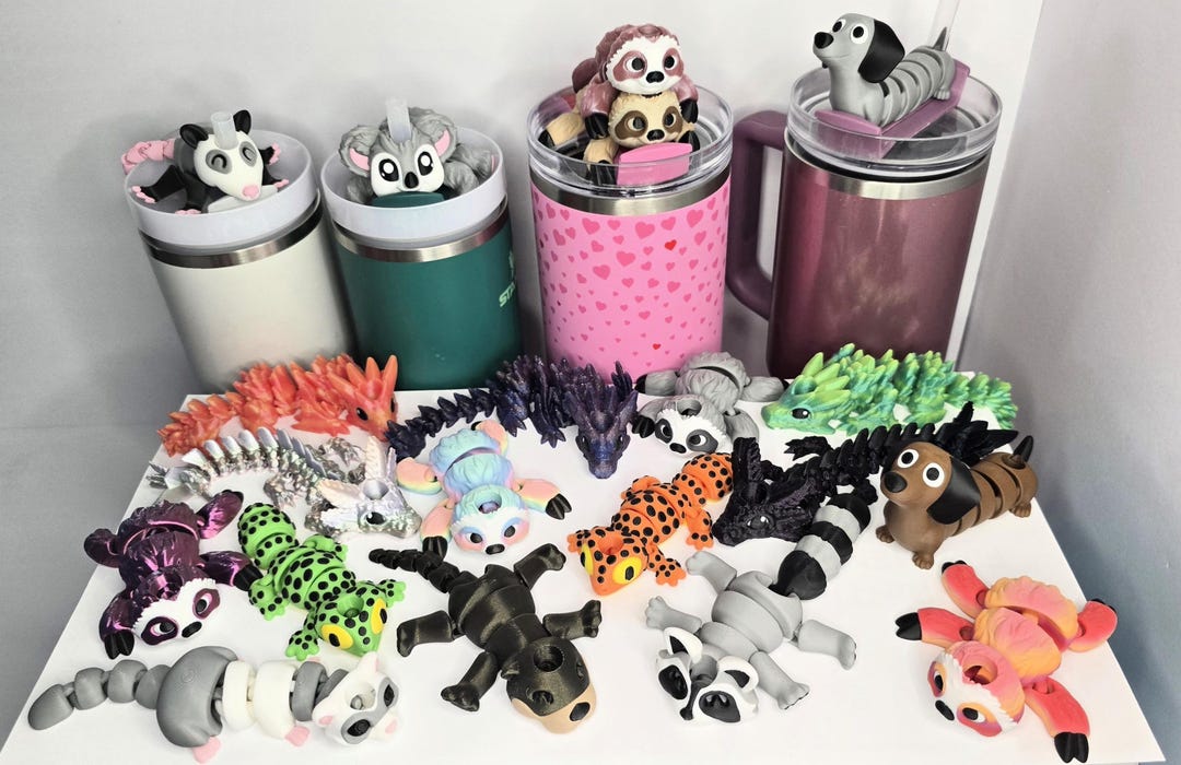 Articulated Animal Straw Buddy Topper - Sloth, Gecko, Ferret, Dachshund ...