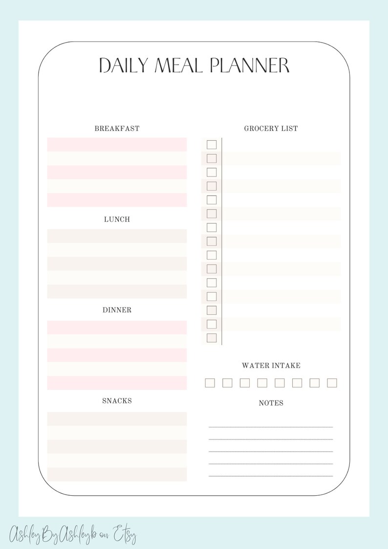 Printable Daily Meal Planner Organiser Water Intake Notes Checklist - Etsy