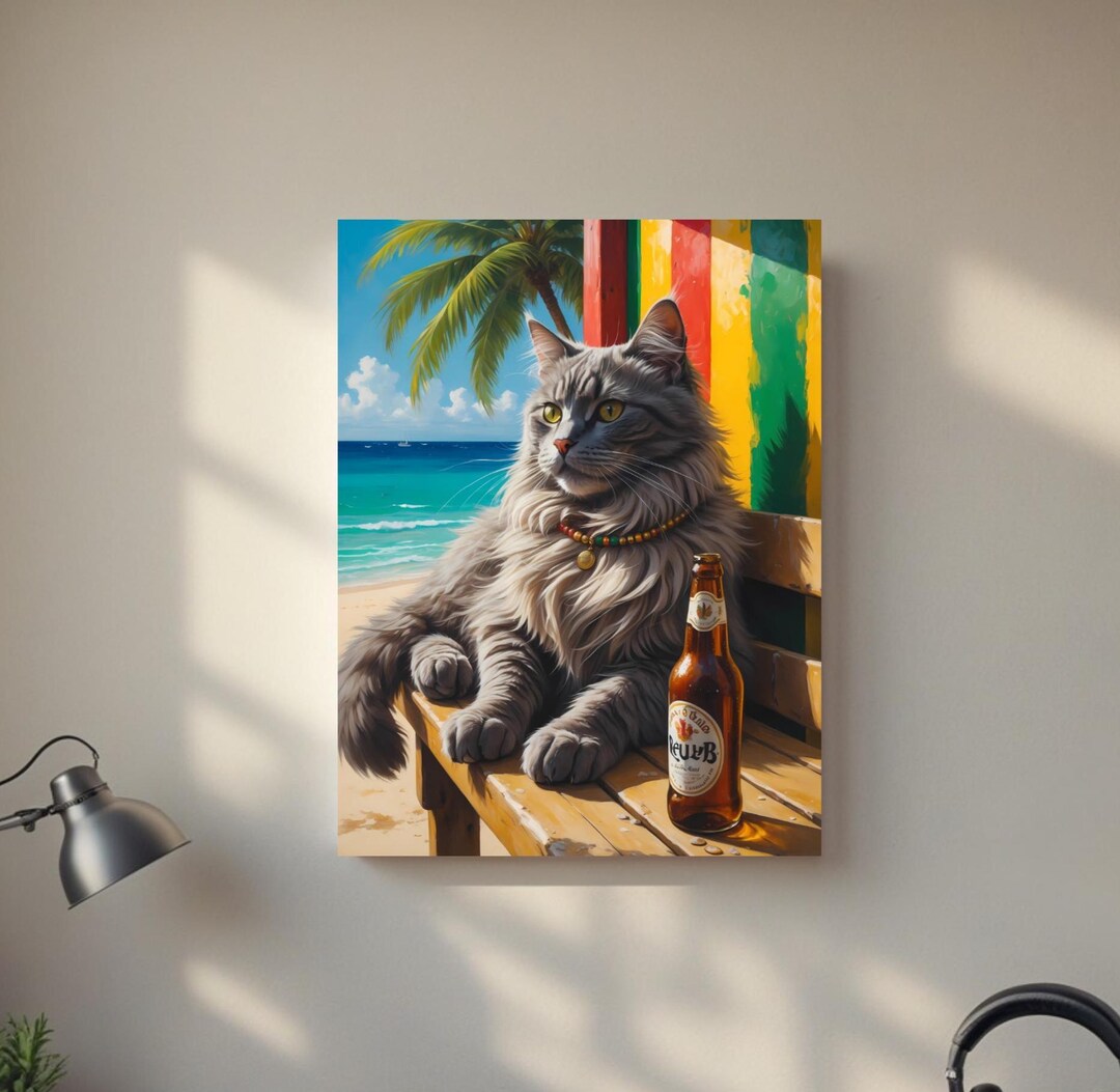 Rasta Reggae Gray Cat Wall Art Picture Painting, Reggae Funny Gray Cat ...