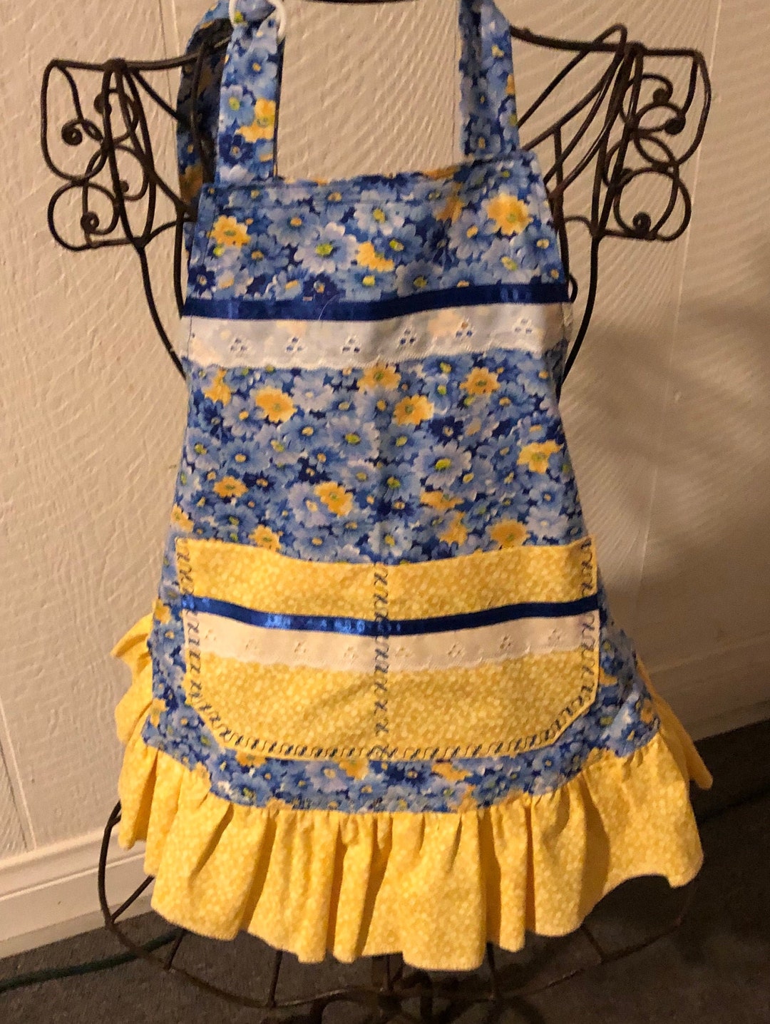 Girls Vintage Style Apron: Blue & Yellow Floral Ruffles, Adjustable - Etsy