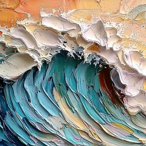 Original Blue Ocean Wave Oil Painting on Canvas, Impasto Textured ...