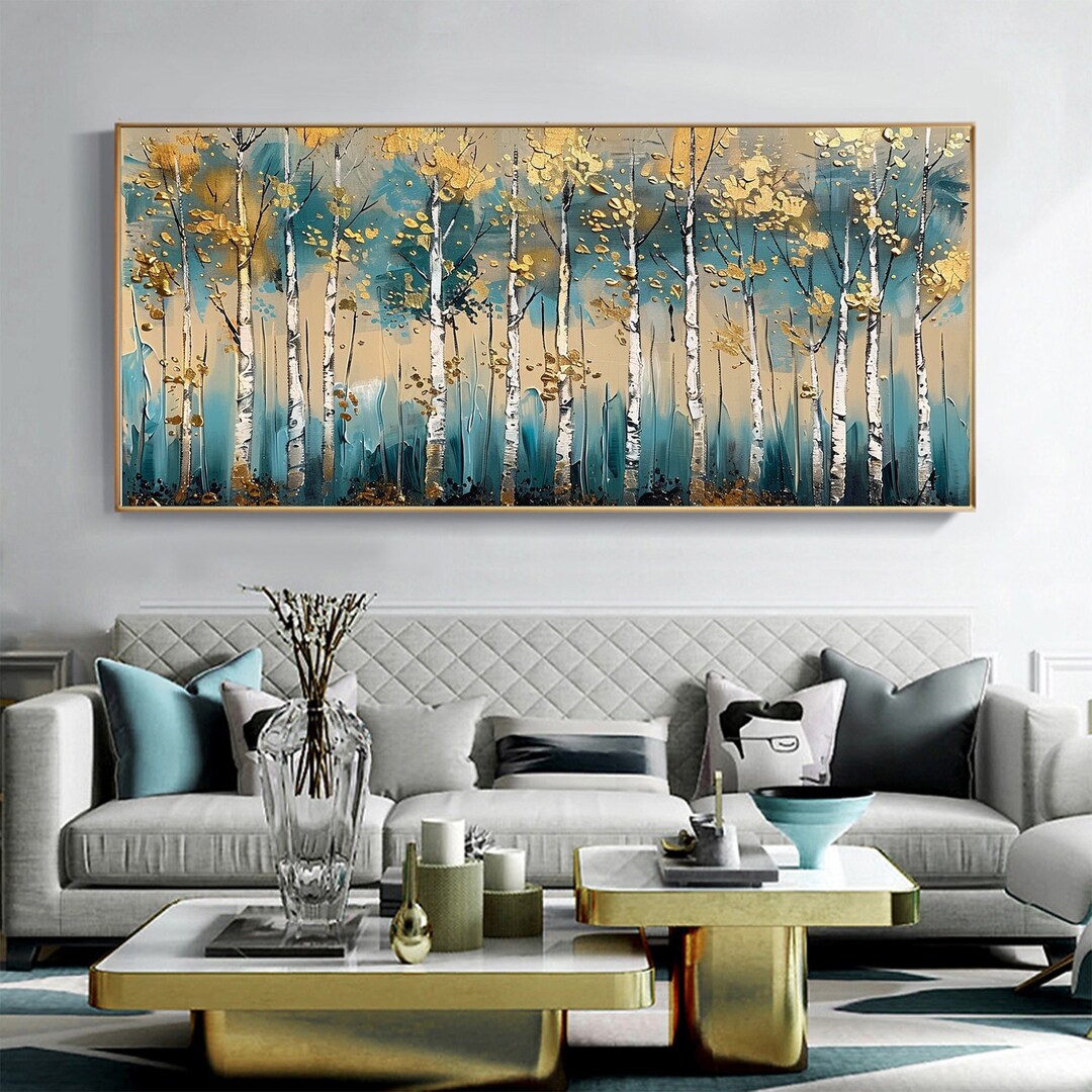 Original Abstract Blue Birch Forest Oil Painting on Canvas, Large ...