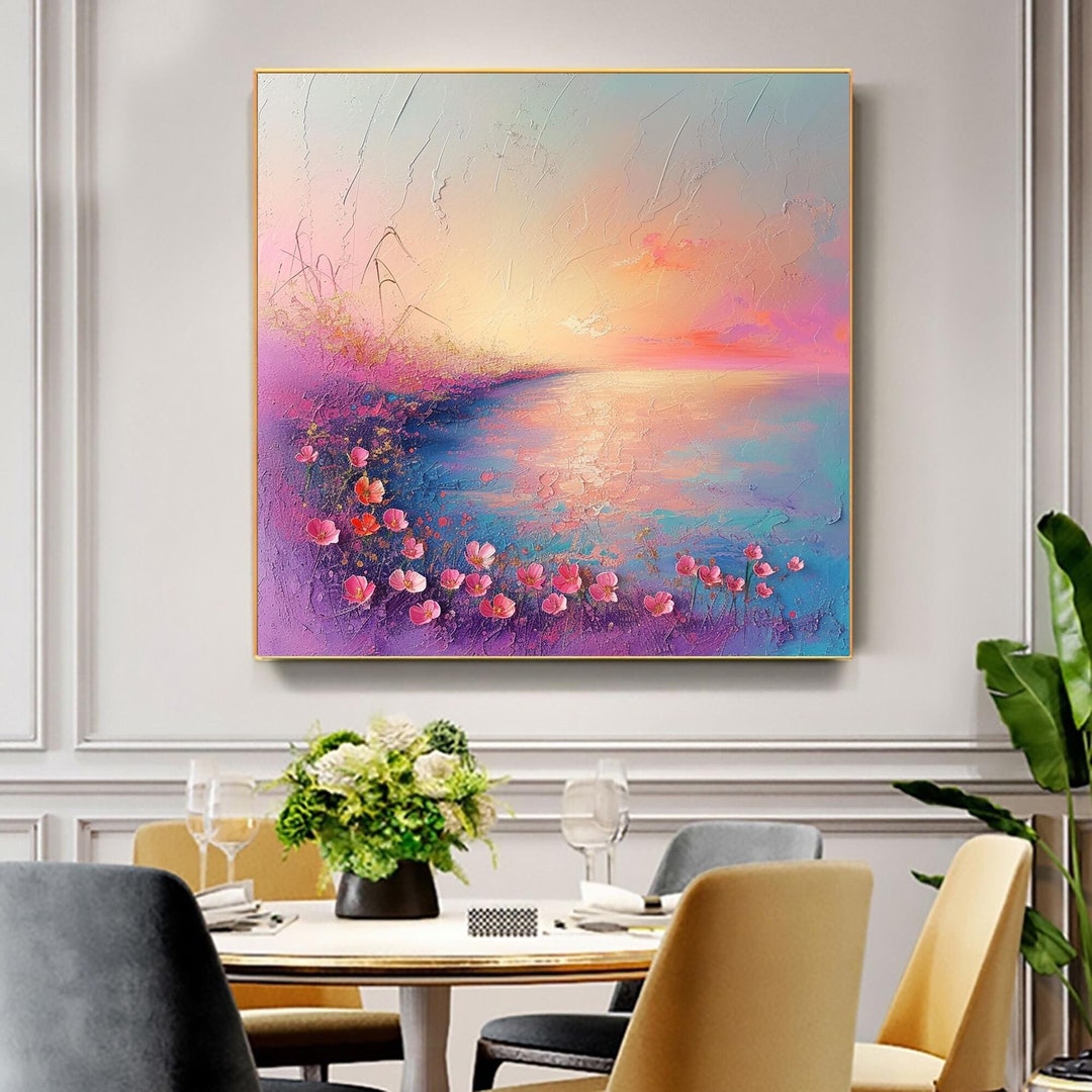 Original Purple Flower Oil Painting on Canvas, Large Abstract Lakeside ...