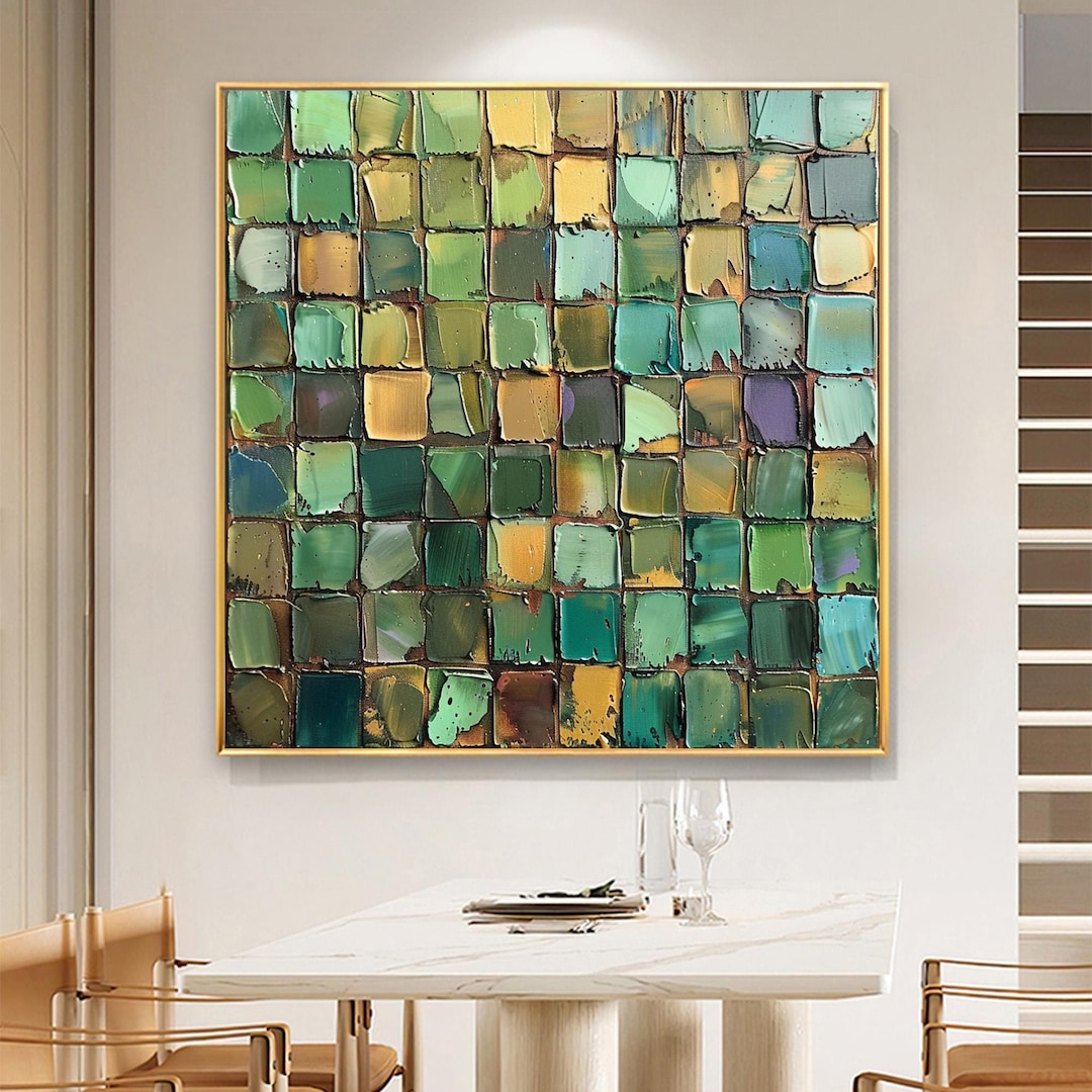 Original Abstract Green Block Oil Painting on Canvas, Colorful Textured ...