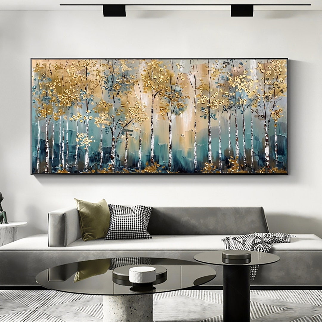 Abstract Forest Oil Painting on Canvas, Original Yellow Tree Landscape ...