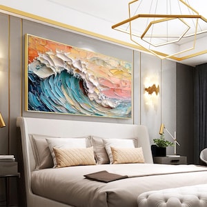 Original Blue Ocean Wave Oil Painting on Canvas, Impasto Textured ...