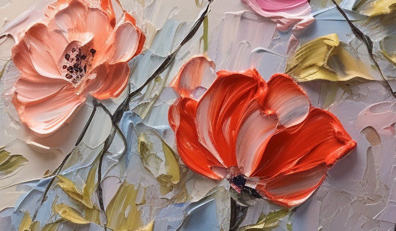 Large Abstract Flower Oil Painting on Canvas, Original Colorful Plants ...