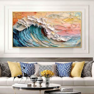 Original Blue Ocean Wave Oil Painting on Canvas, Impasto Textured ...