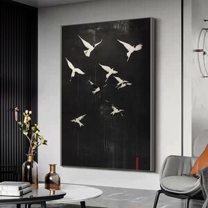 Large Abstract Swallow Oil Painting on Canvas, Custom Black Wall Art ...