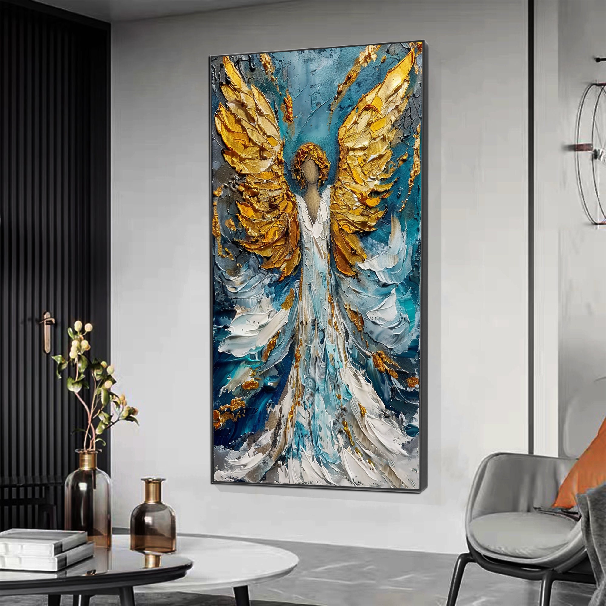 Abstract Angel Oil Painting on Canvas, Blue Gold Wall Art Decor, Modern ...