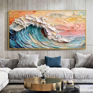 Original Blue Ocean Wave Oil Painting on Canvas, Impasto Textured ...