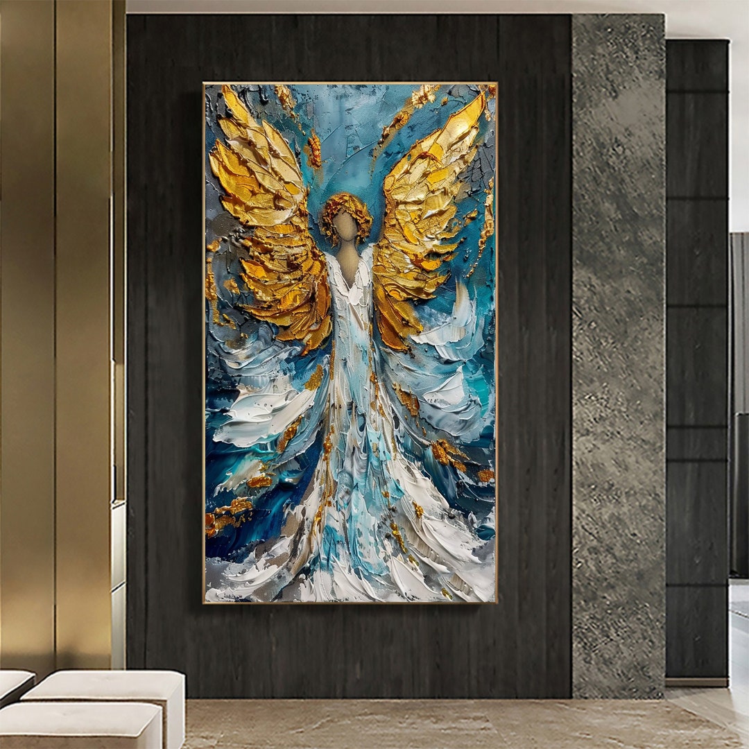 Abstract Angel Oil Painting on Canvas, Blue Gold Wall Art Decor, Modern ...