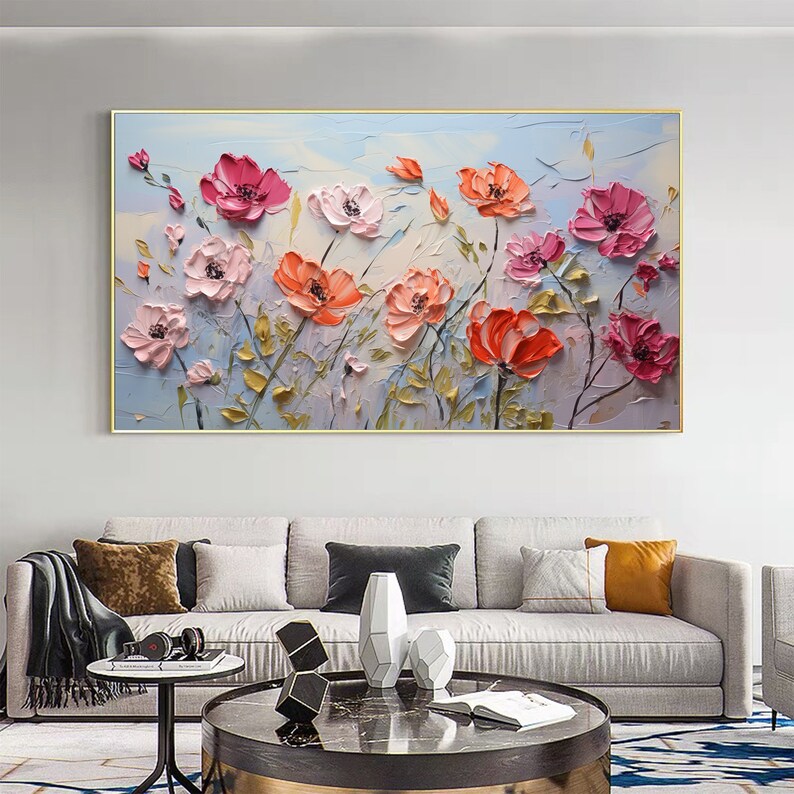 Large Abstract Flower Oil Painting on Canvas, Original Colorful Plants ...