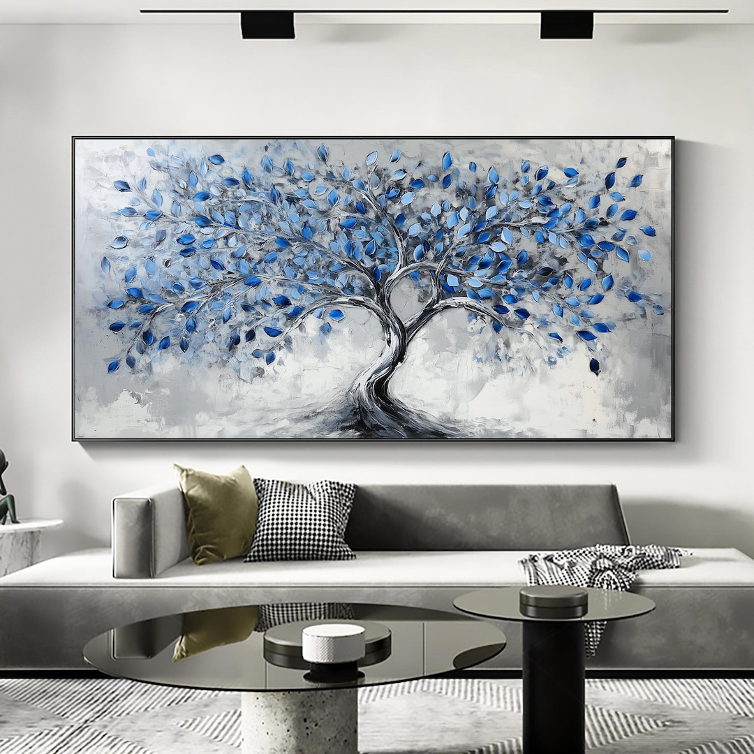 Original Textured Abstract Tree Oil Painting, Large Blue Tree Canvas ...