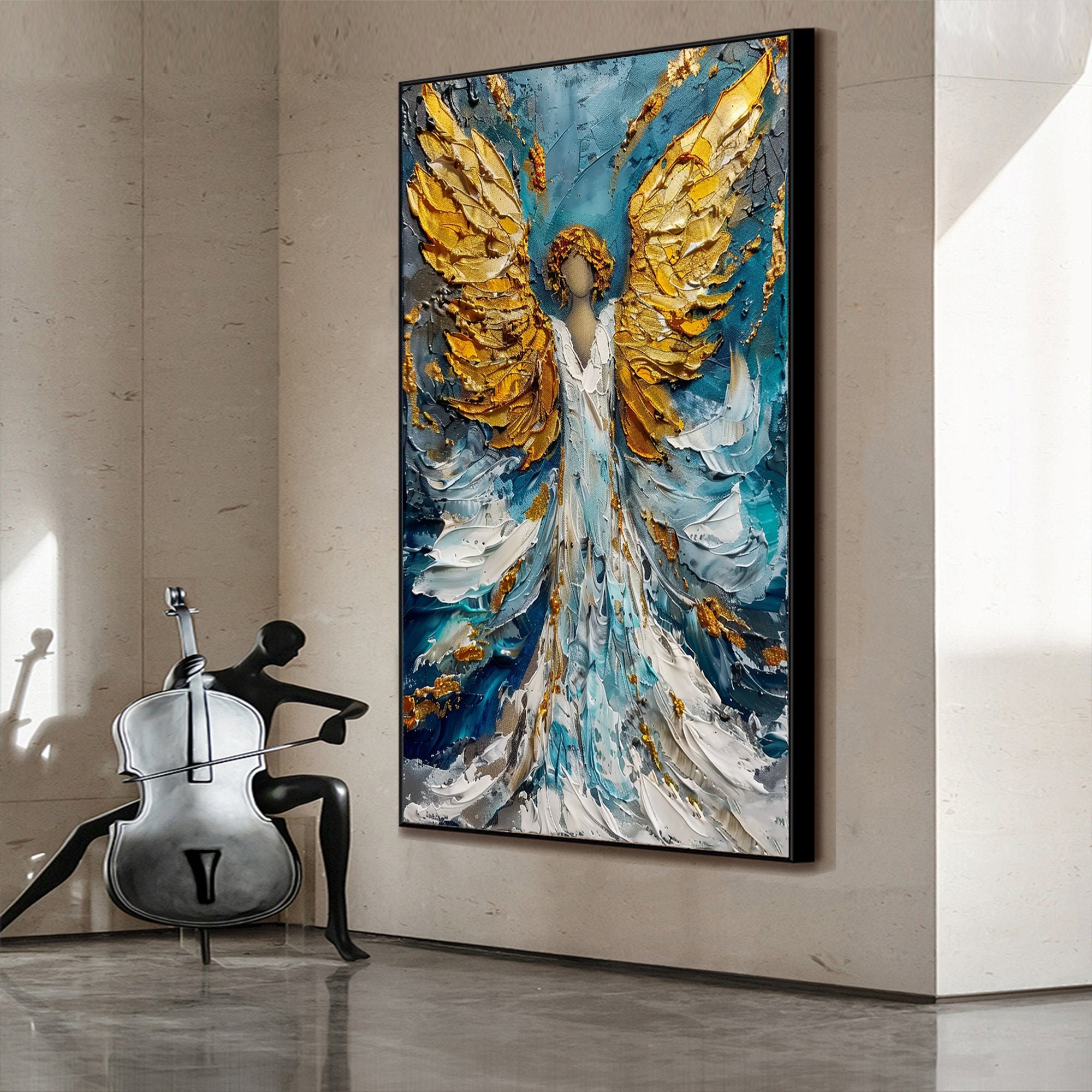 Abstract Angel Oil Painting on Canvas, Blue Gold Wall Art Decor, Modern ...