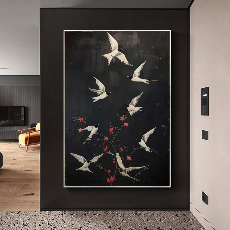 Abstract Magpie Oil Painting on Canvas, Original Flying Bird Painting ...
