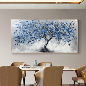 Original Textured Abstract Tree Oil Painting, Large Blue Tree Canvas ...