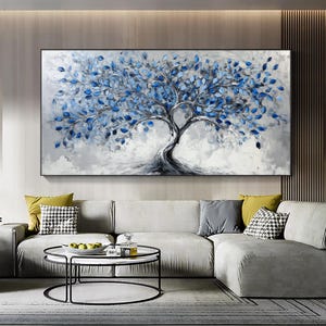 Original Textured Abstract Tree Oil Painting, Large Blue Tree Canvas ...