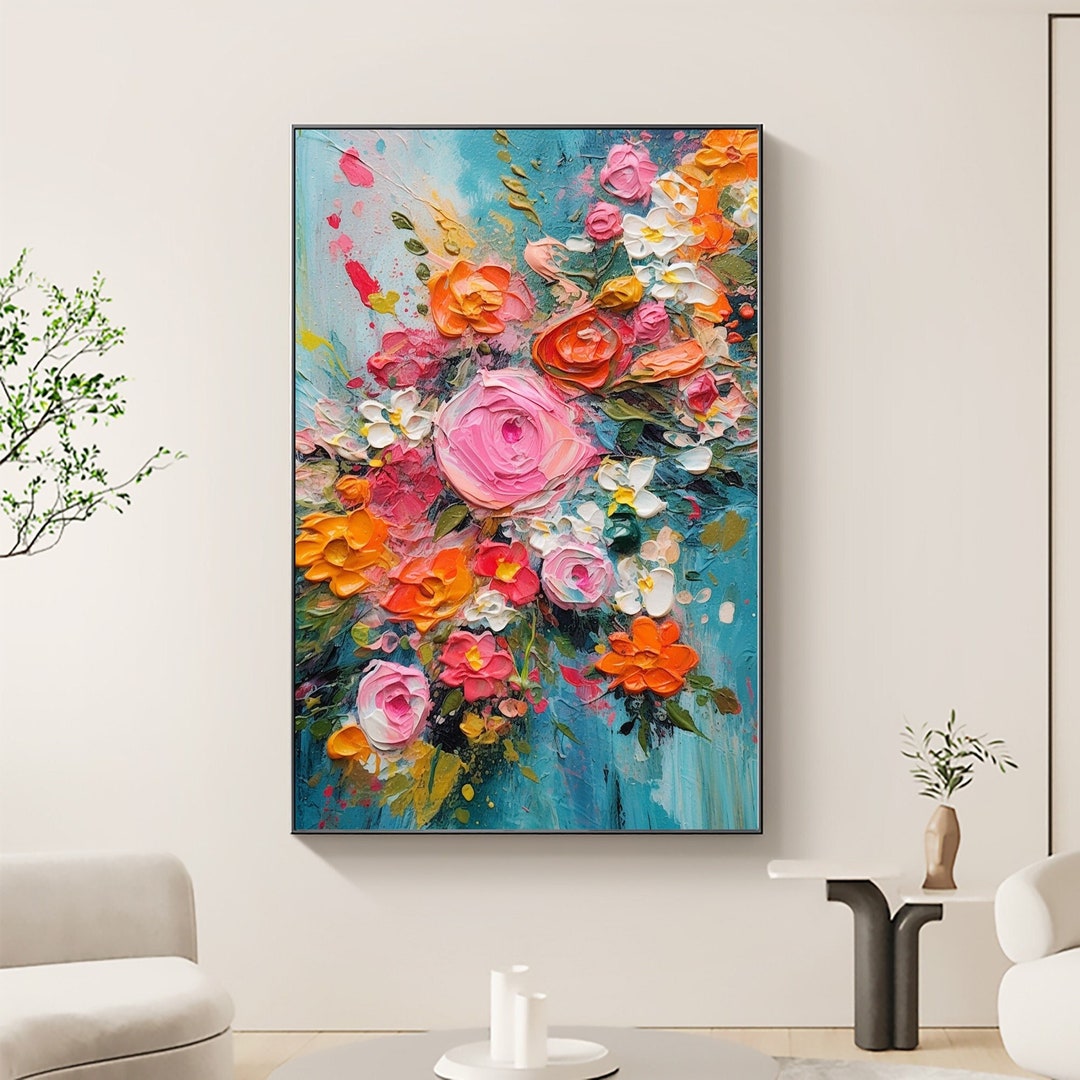 Abstract Colorful Rose Oil Painting on Canvas, Large Original Blooming ...