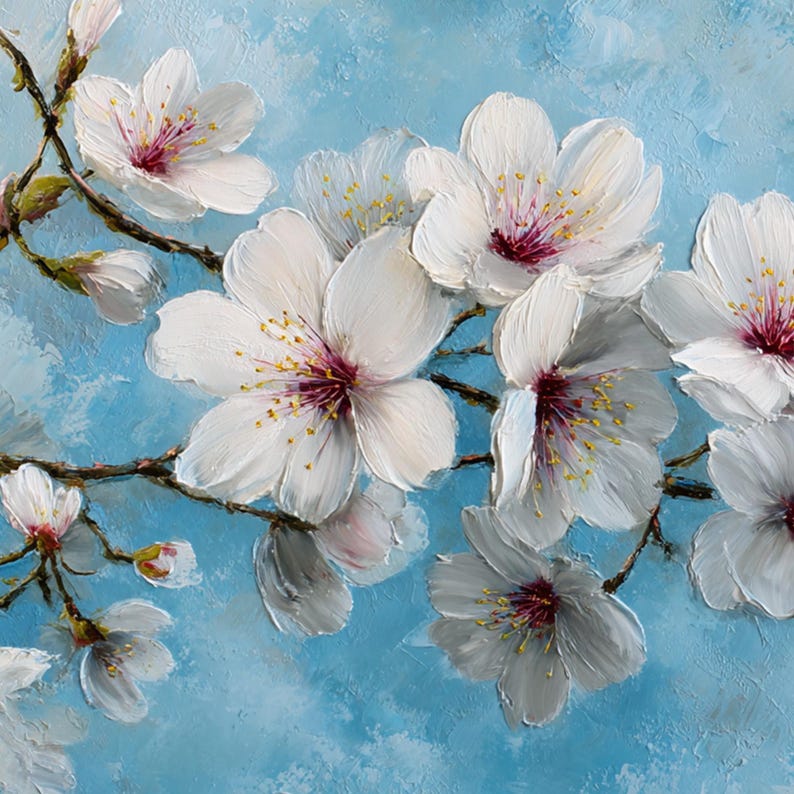 3D Cherry Blossom Oil Painting, Textured Impasto Floral Wall Art ...