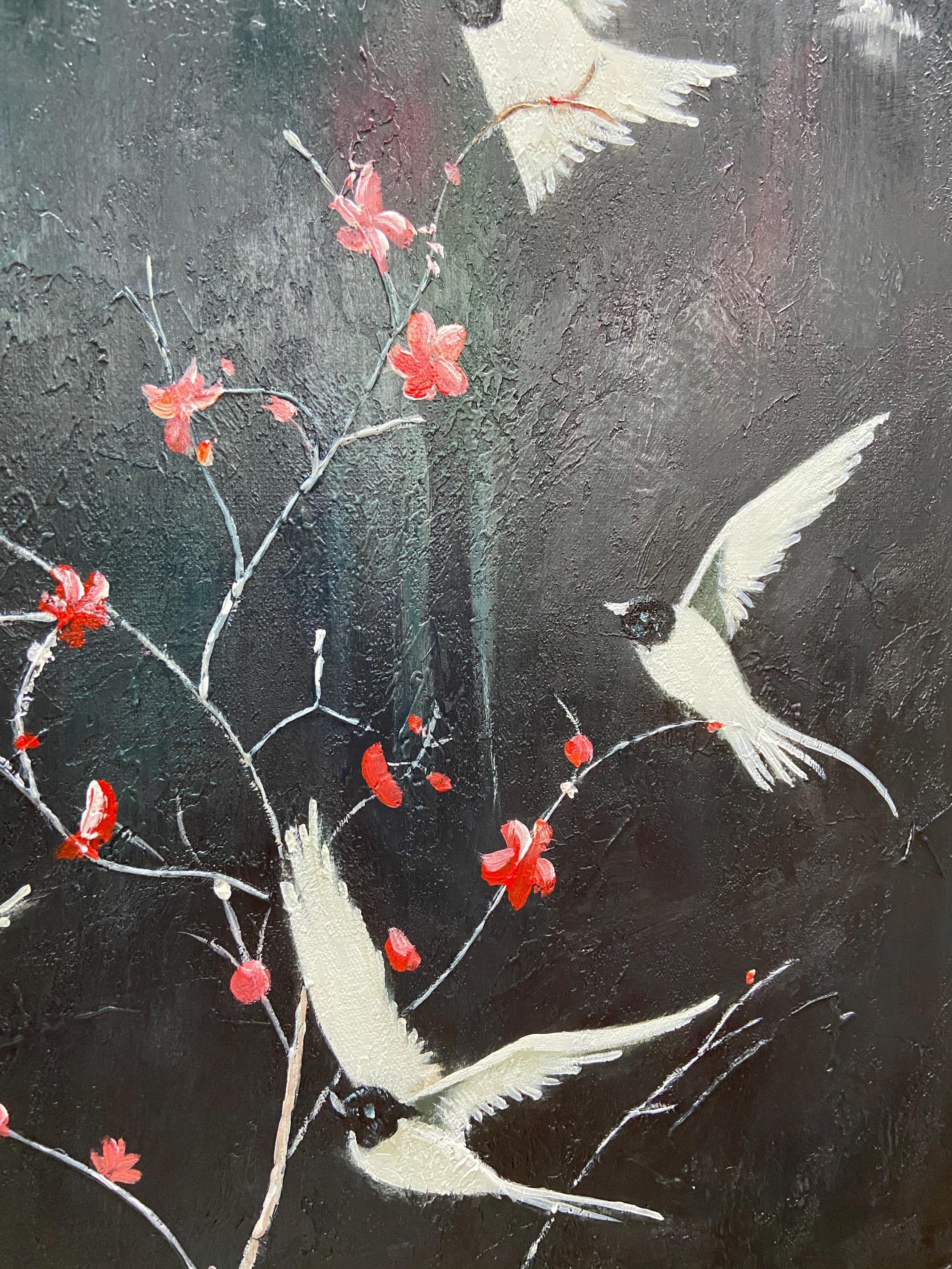 Abstract Magpie Oil Painting on Canvas, Original Flying Bird Painting ...