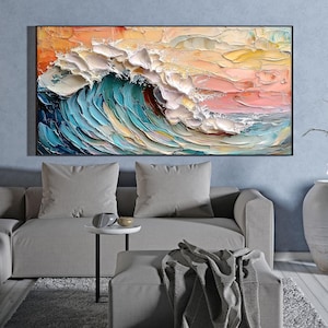 Original Blue Ocean Wave Oil Painting on Canvas, Impasto Textured ...