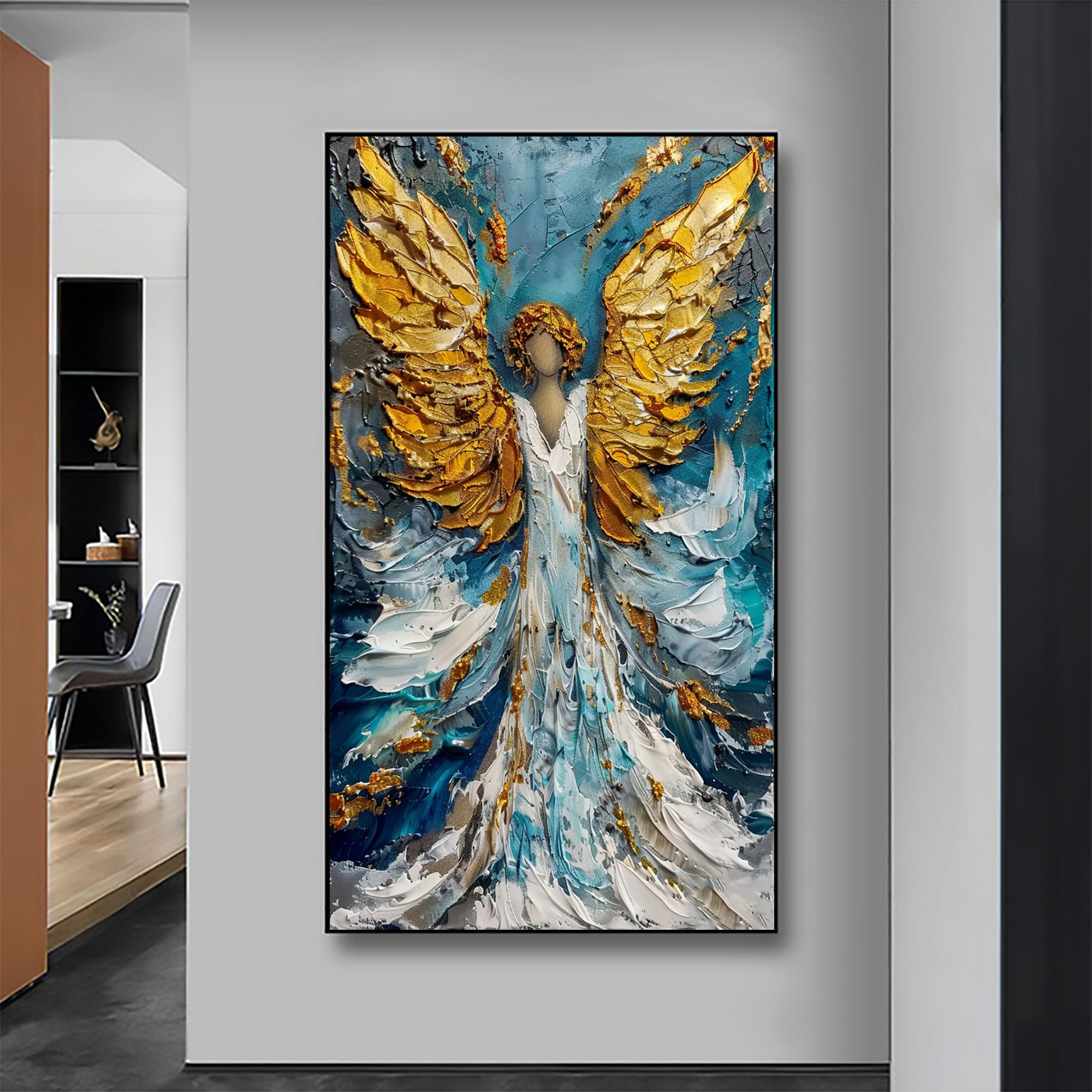 Abstract Angel Oil Painting on Canvas, Blue Gold Wall Art Decor, Modern ...