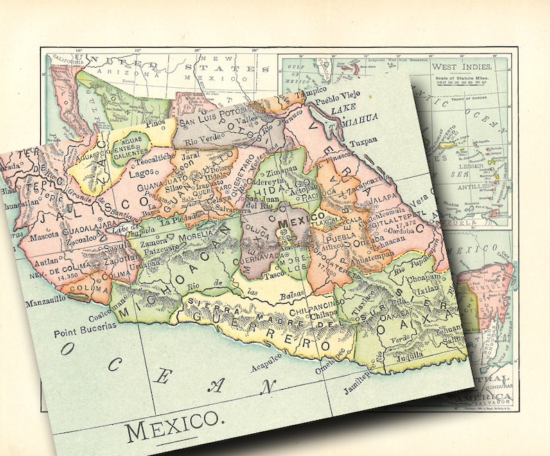 Printable Map of Mexico From the 1900's, Vacation Home Decor, Arts and ...