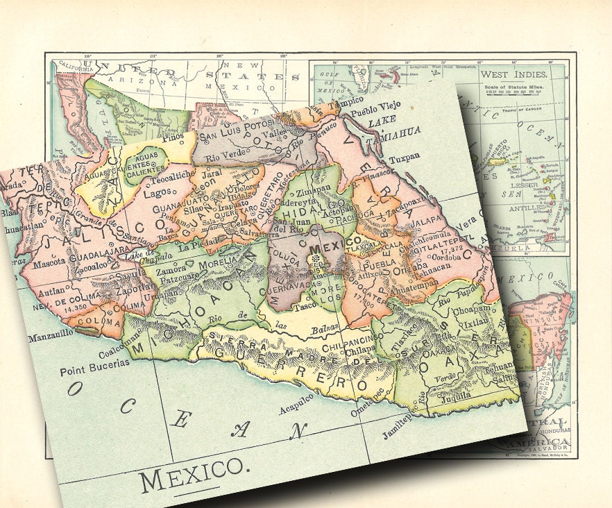 Mapa imprimible de México de la década de 1900, decoración para casas ...