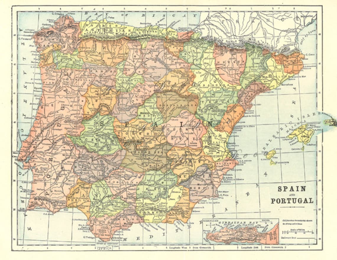 Printable Map of Spain and Portugal Digital Download No. 161 - Etsy