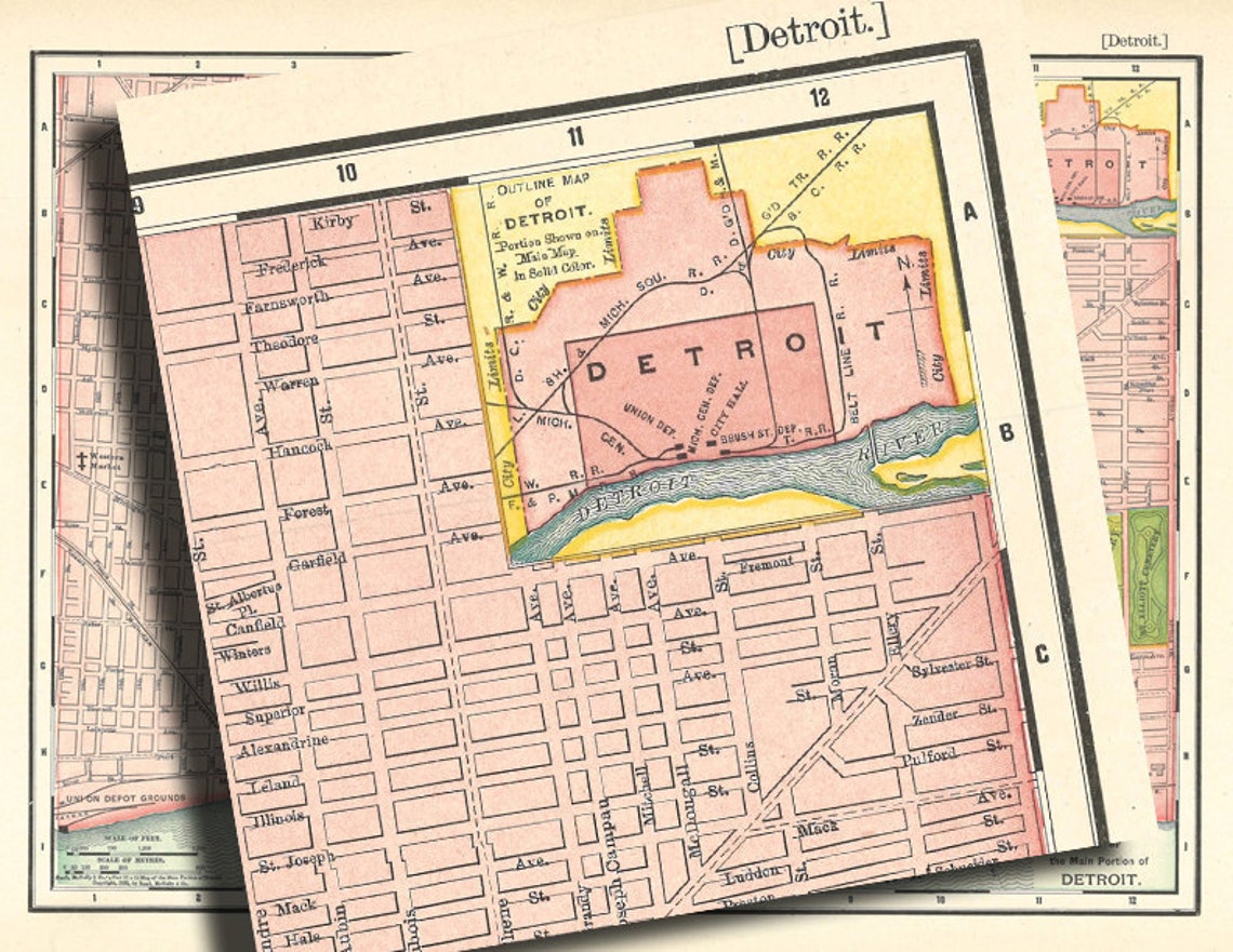 Printable Map of Detroit Michigan Antique Map Arts and - Etsy