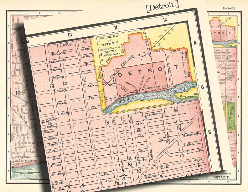 Printable Map of Detroit Michigan Antique Map Arts and - Etsy