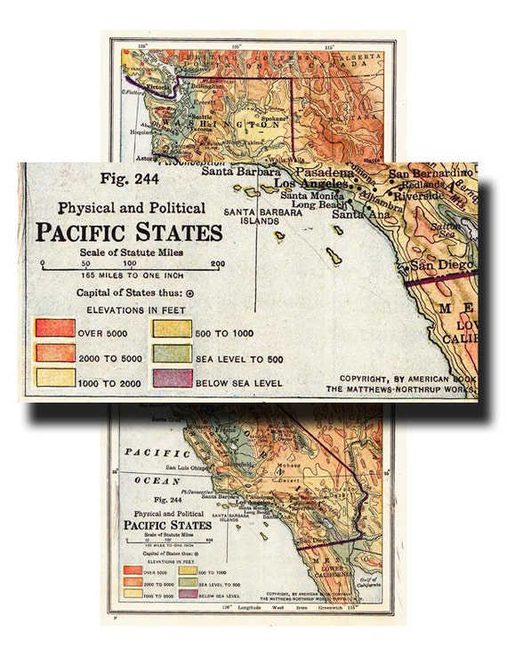 Physical And Political Map Of Pacific Coast States Unique Etsy