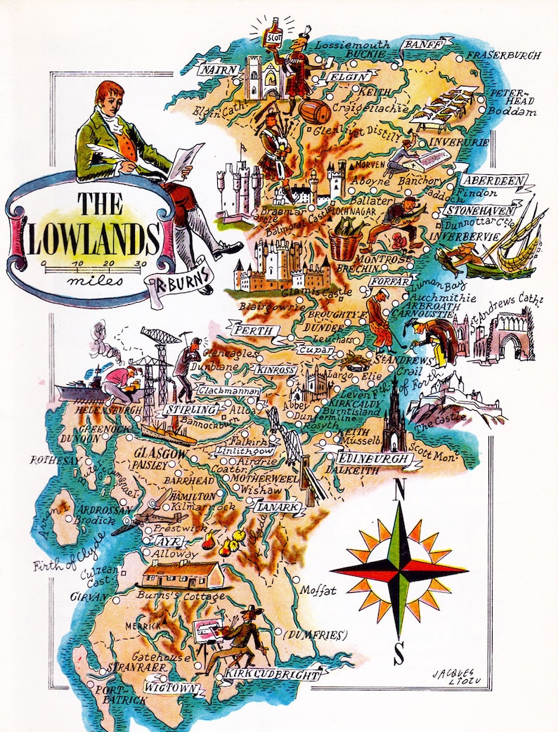 Old Pictorial Map of Scotland's Lowlands Region, Printable Digital ...
