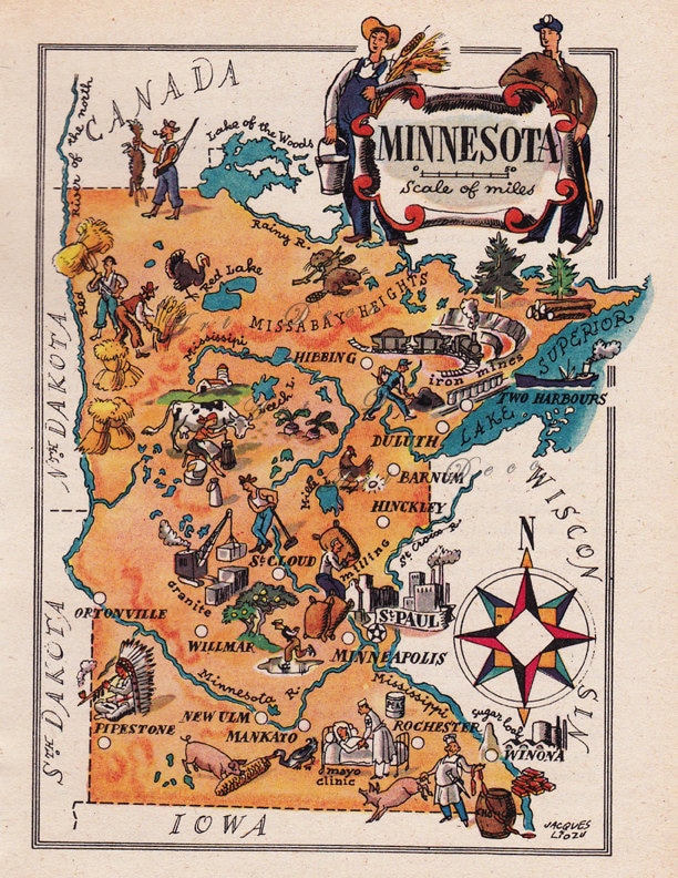 Printable Map of Minnesota, Pictorial Map From the 1940's, Wall Art ...