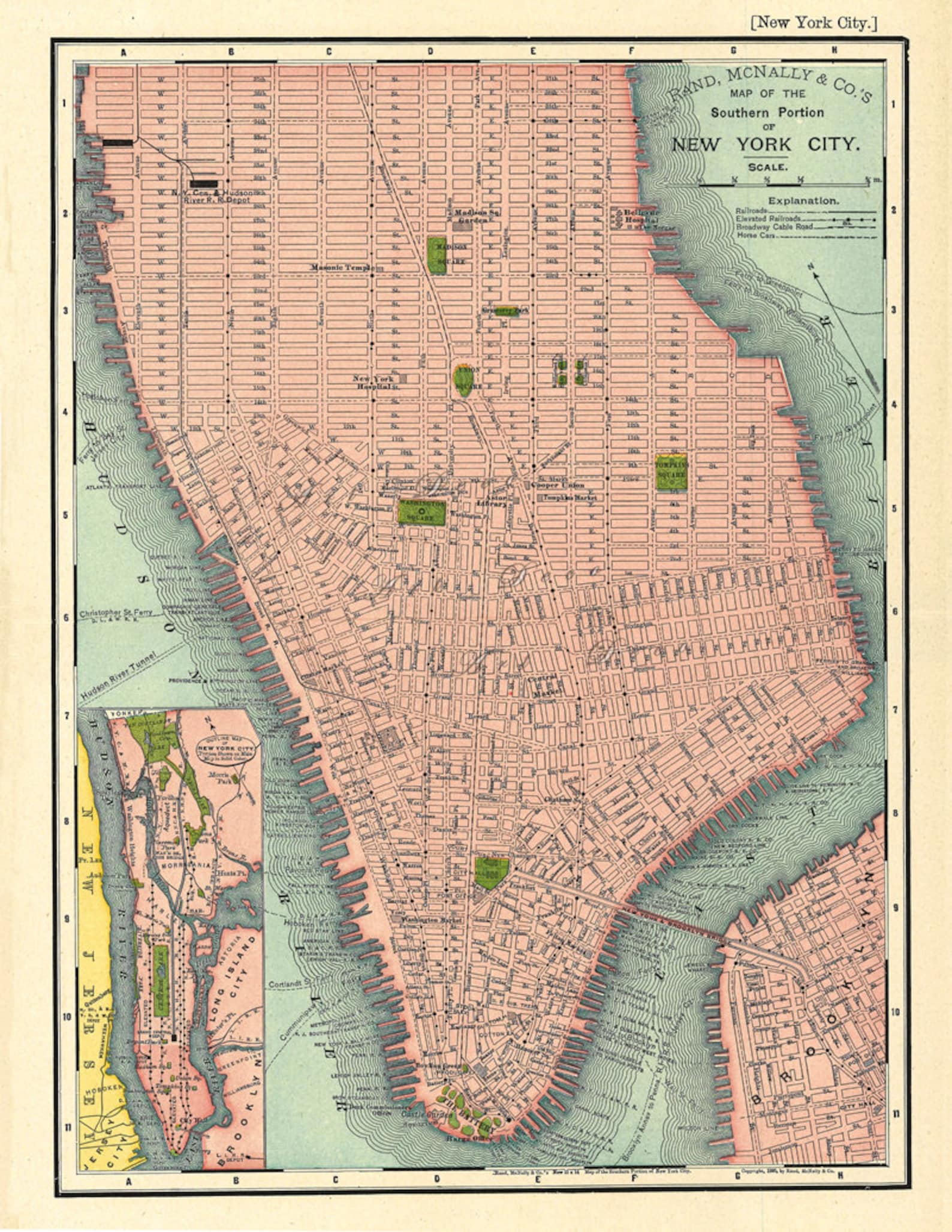 Printable Map of Southern Manhattan From 1895 a 600 Dpi File Digital ...