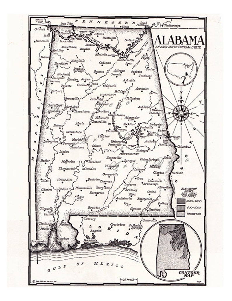 Printable Map of Alabama From the 1950's, Digital Print, Housewarming ...