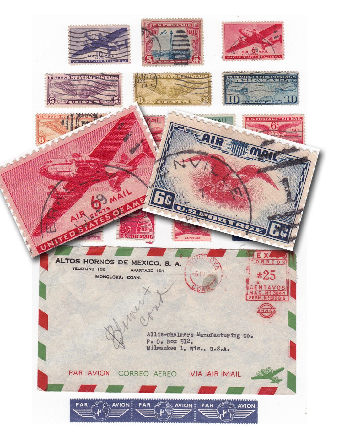 Airmail Paper Ephemera, Stamps and Envelope, Printable Digital Collage ...